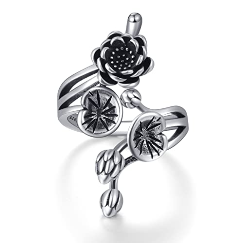 ANHAISHUILV Lotus Flower Ring for Women, S925 Sterling Silver Open Ring, Delicate Personalized Jewelry Gift for Women/Mom, Adjustable Ring 7-9