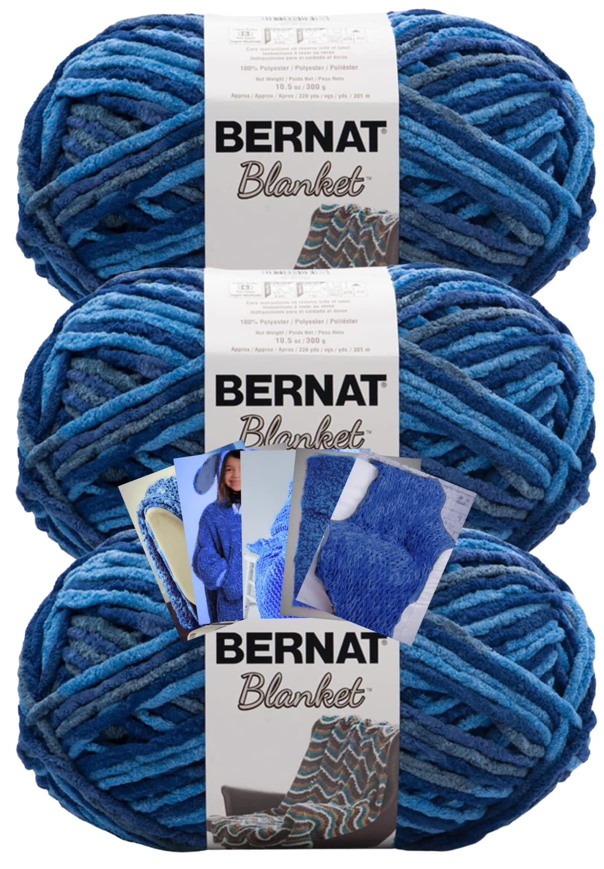 Bernat Blanket Yarn - Big Ball (10.5 oz) - 3 Pack with Pattern Cards in Color (North Sea)