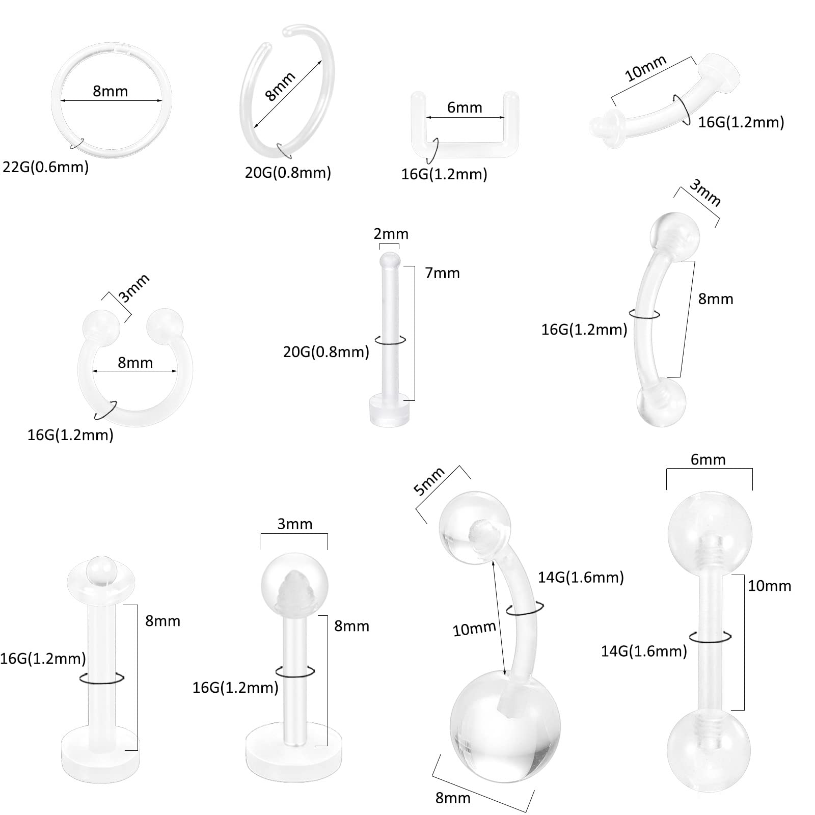Aumeo 55PCS Clear Piercing Retainer Bioflex Nose Septum Lip Ring Studs Tongue Belly Button Rings Cartilage Tragus Earrings Horseshoe Plastic Plastic Piercing Retainer for Work Surgery