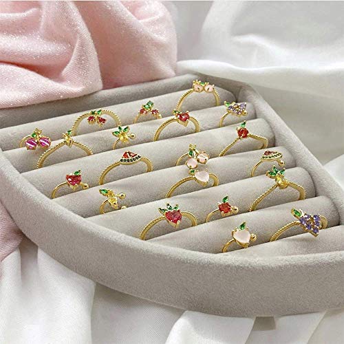 Aloecye Cute Fruit Basket Ring Set 14K Gold Plated CZ Stackable Tropical Fruit Cherry Pineapple Peach Band Ring Gift for Women Girls