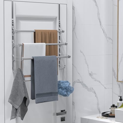 CANYAVE Over The Door Towel Rack, Over Door Towel Rack for Bathroom Door, Triple Towel Storage Holder with Hooks (Silver Gray, 17.32" L)