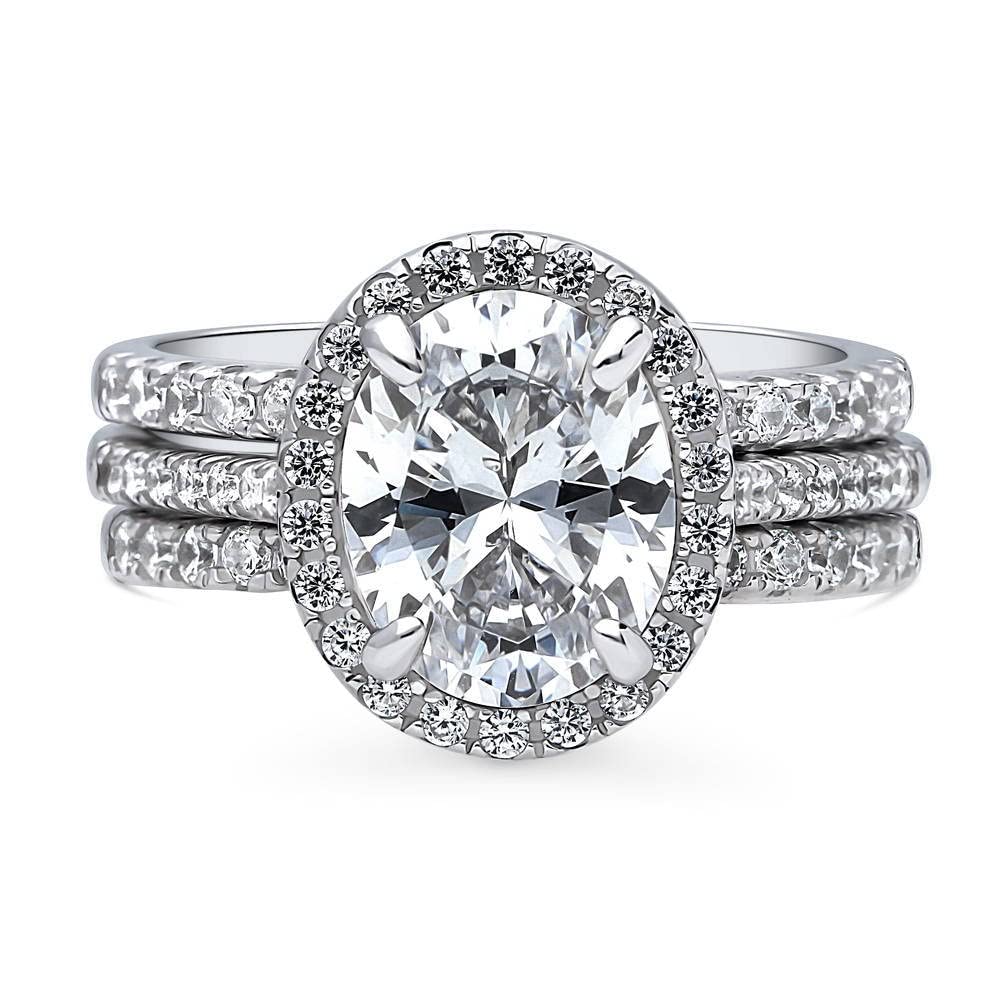BERRICLE Sterling Silver Halo Wedding Engagement Rings Oval Cut Cubic Zirconia CZ Ring Set for Women, Rhodium Plated Size 9