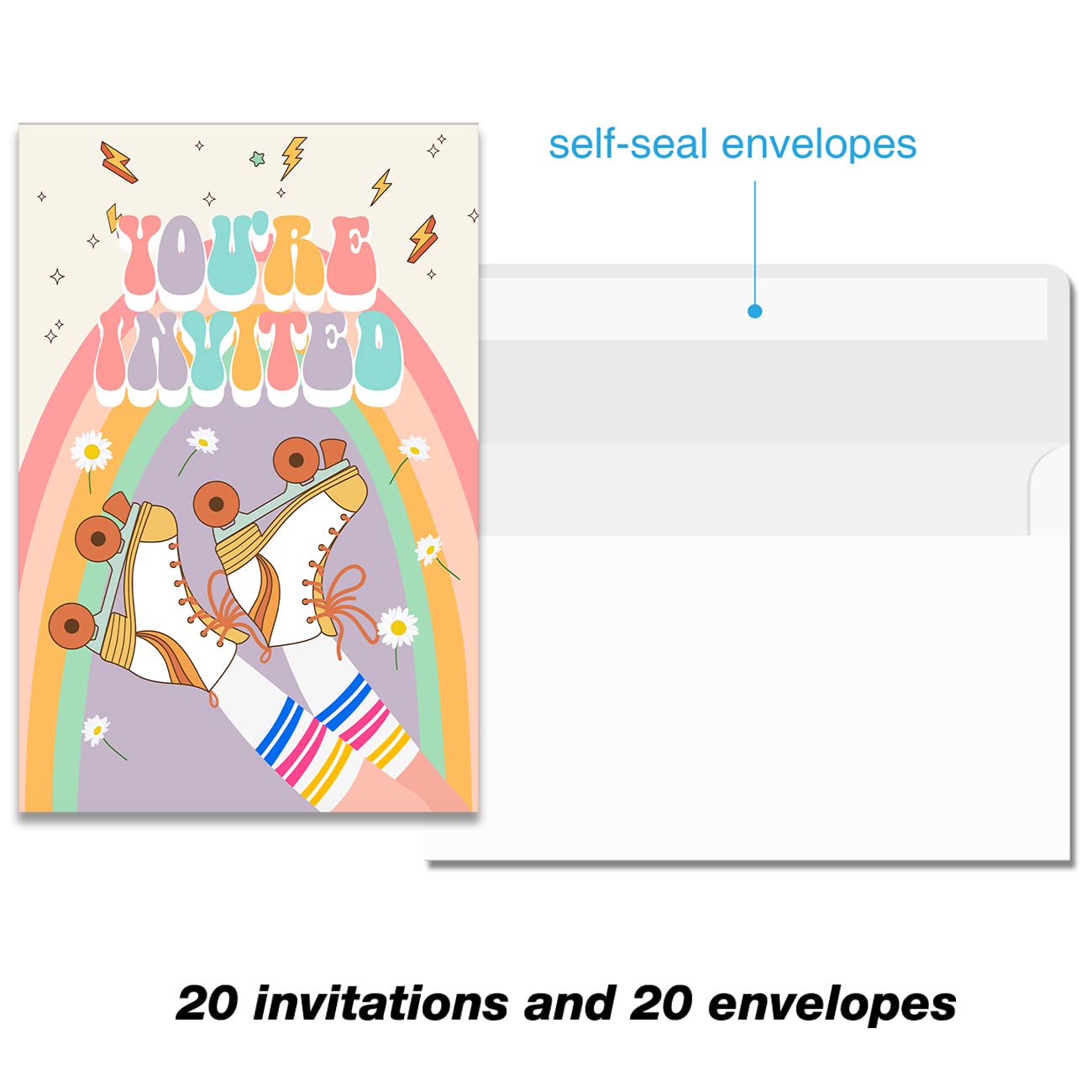 Retro Roller Skate Birthday Party Invitations with Envelopes Set of 20 Let's Roll Skating Party Invitations Kids Rainbow Skate Invites Fill in Blank