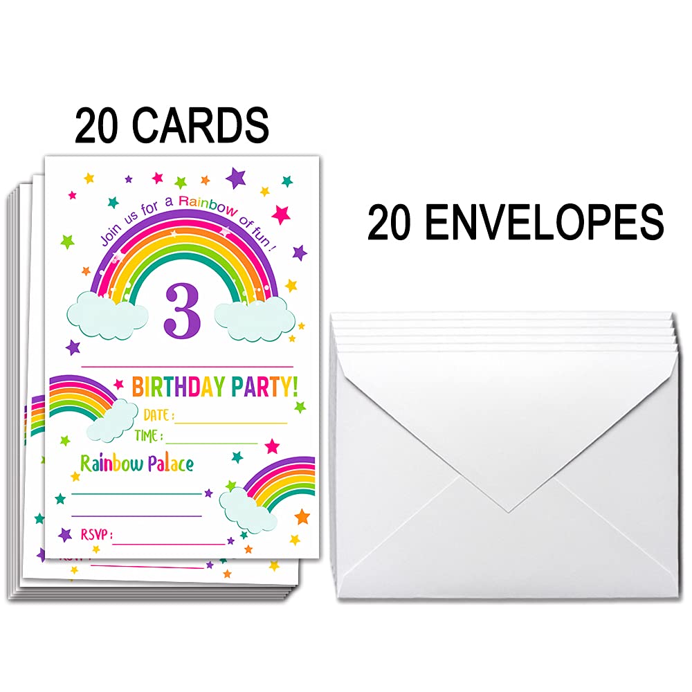 ukebobo 3rd Rainbow Birthday Party Invitations with Envelopes – Birthday Party Invitations, Rainbow Party Decorations– 20 Cards With Envelopes(c03-03)