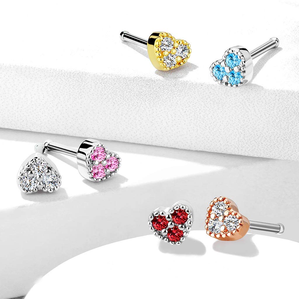 Amelia Fashion 20 Gauge CZ Set Heart Nose Bone Stud 316L Surgical Steel (Choose Color) (Red)