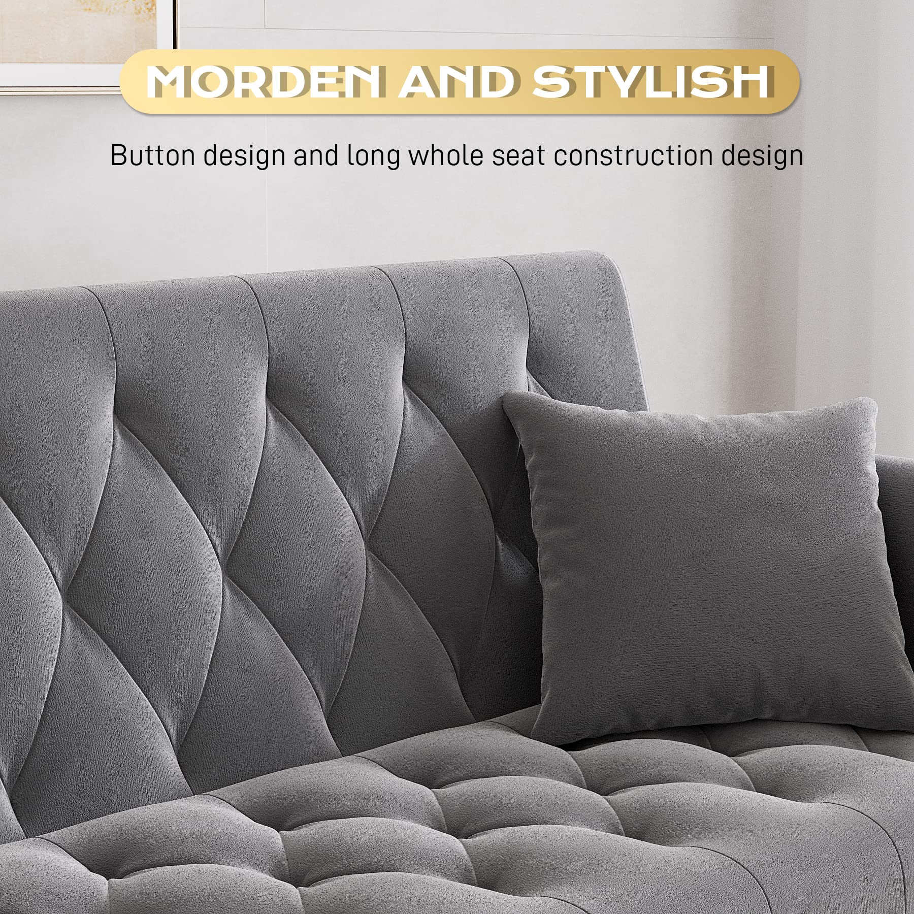 OUYESSIR Velvet Futon Couch Bed, 71 inch Loveseat Convertible Sleeper Sofa with 2 Pillows, Modern Small Futon Couch for Bedroom, Living Room (Grey)