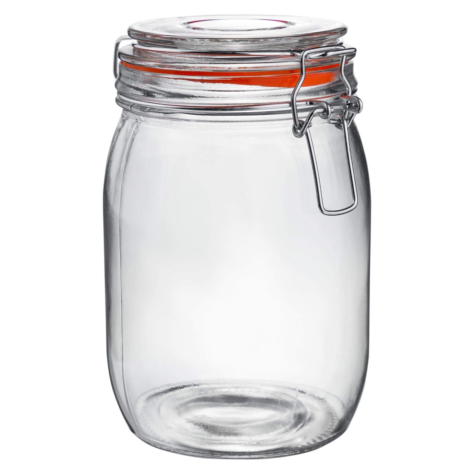 Argon Tableware 6X 1000ml (1 Litre) Clear Glass Storage Jars with Orange Airtight Silicone Seal and Metal Clip Lids - 33.8oz Large Empty Kitchen Jar Container