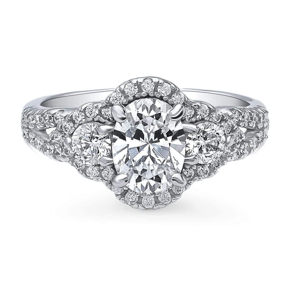 BERRICLE Sterling Silver 3-Stone Wedding Engagement Rings Oval Cut Cubic Zirconia CZ Halo Split Shank Ring for Women, Rhodium Plated Size 5