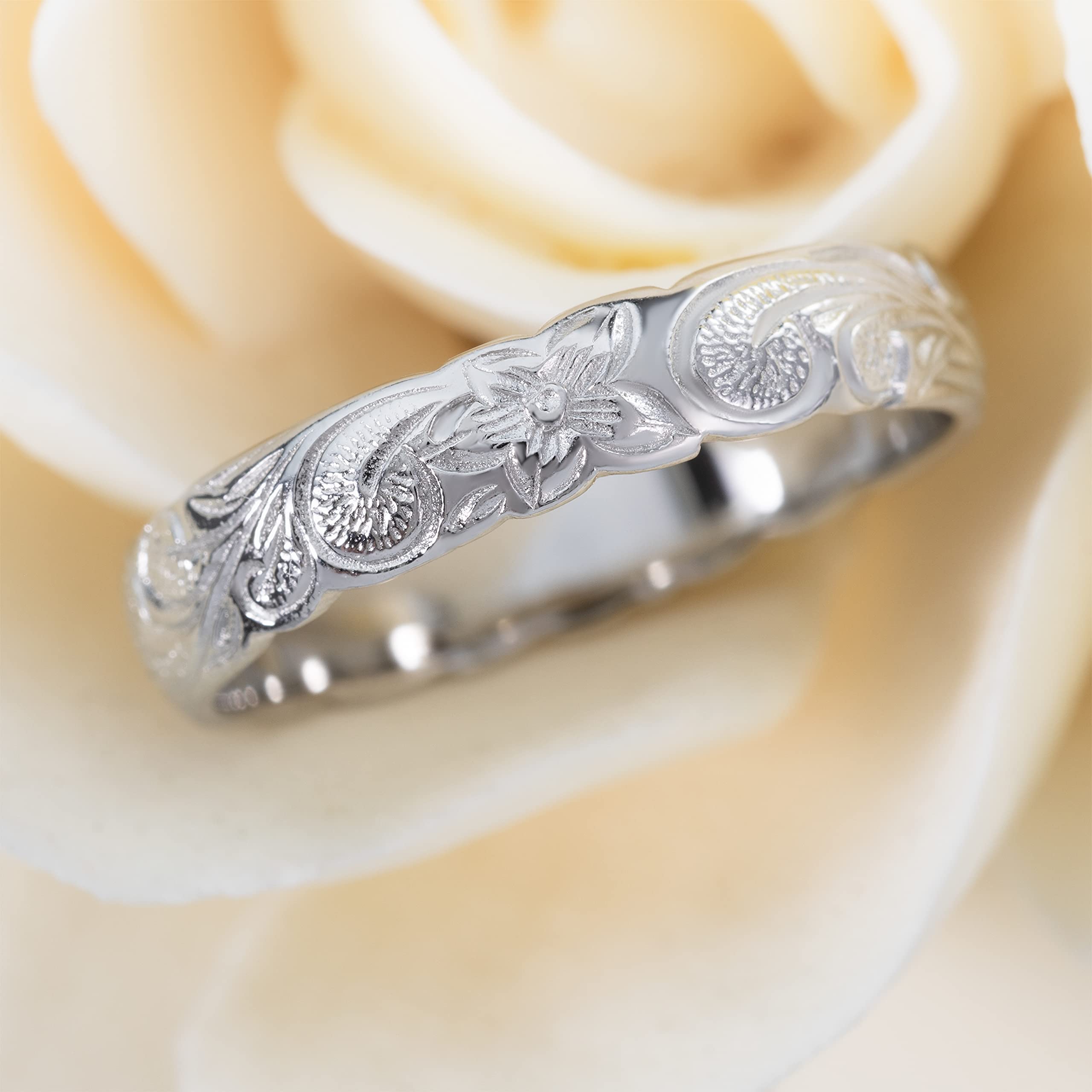 Aloha Jewelry Company Sterling Silver 4mm Hawaiian Princess Plumeria Flower Scroll Ring Stackable Wedding Band (Silver, 10)