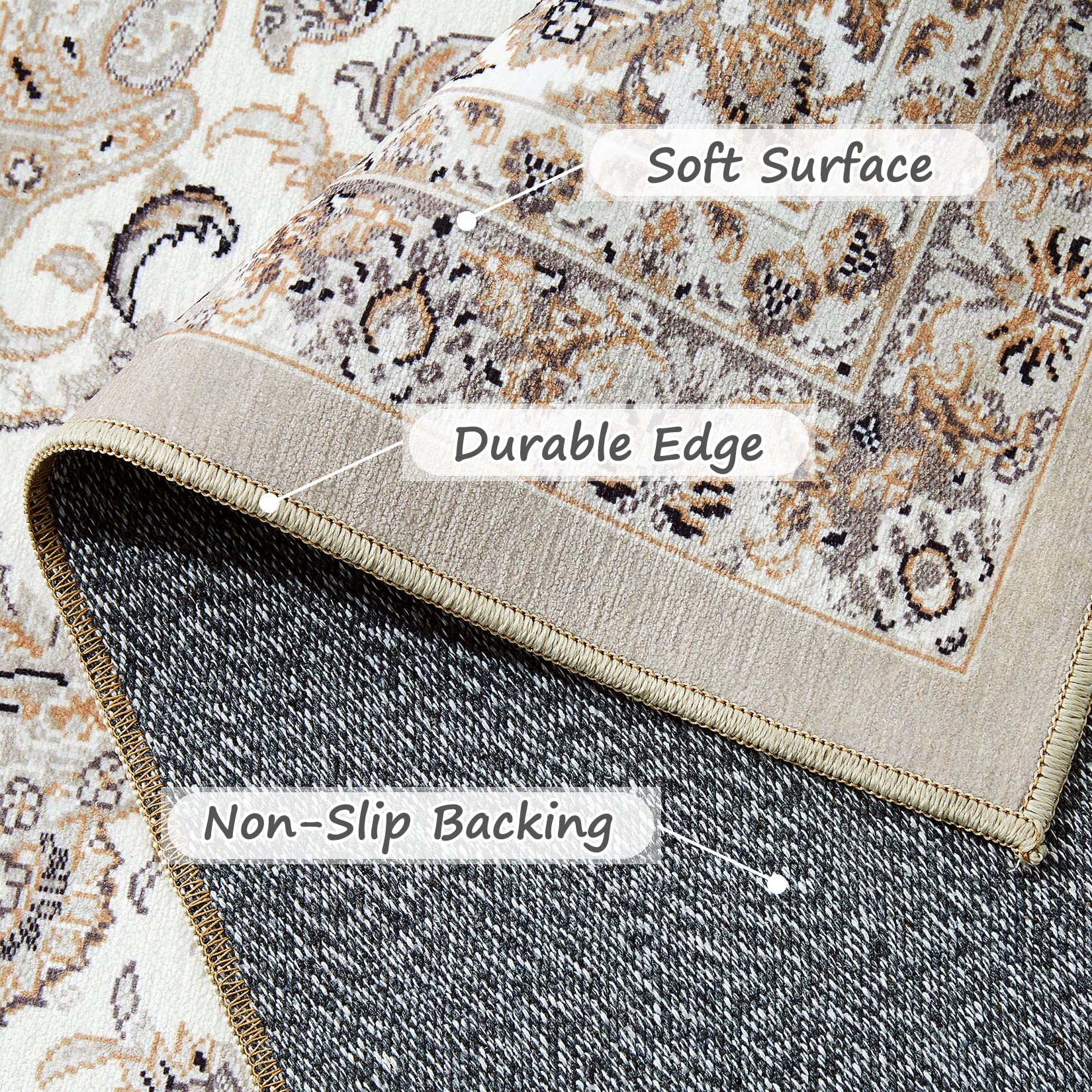 Area Rug Living Room Rugs: 8x10 Large Machine Washable Non Slip Thin Carpet Soft Indoor Luxury Floral Stain Resistant Carpets for Under Dining Table Farmhouse Bedroom Nursery Home Office Beige