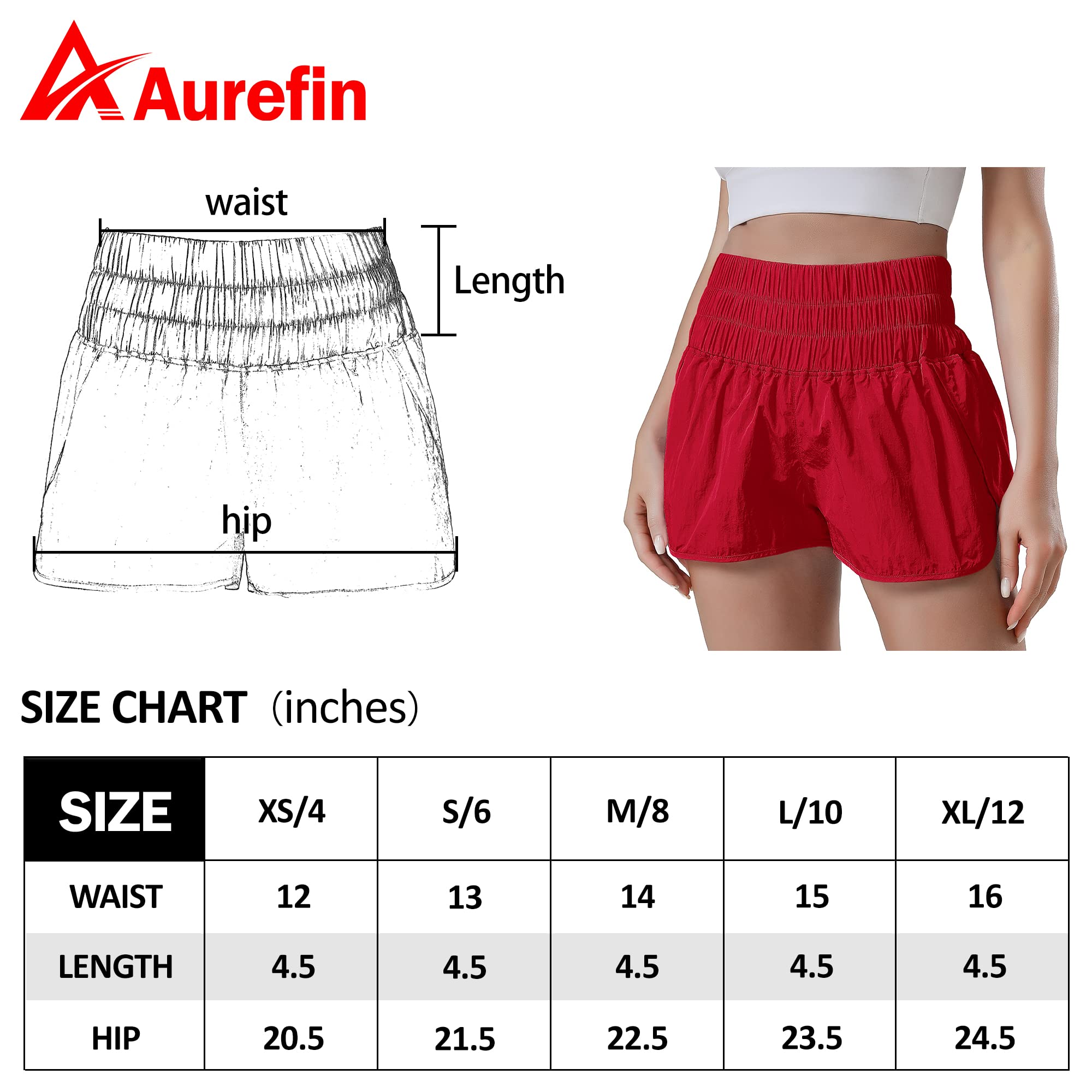 Aurefin High Waisted Athletic Shorts for Women,Womens Running Shorts with Mesh Liner Quick Dry Casual Workout Active Shorts RED/L