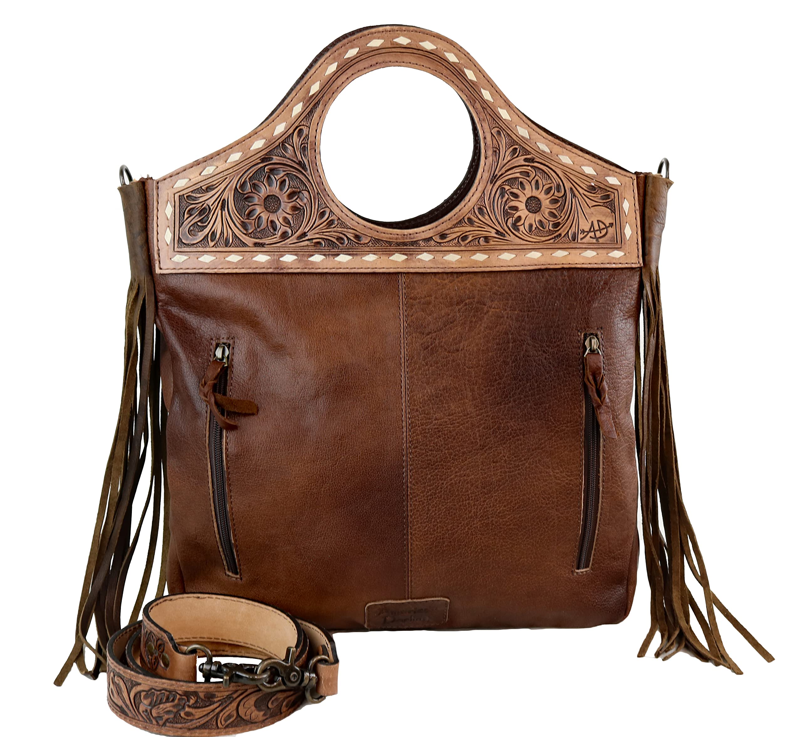 American Darling ADBG347BRAHBR Tooled Leather on Hide Concealed Carry Purse, Brown