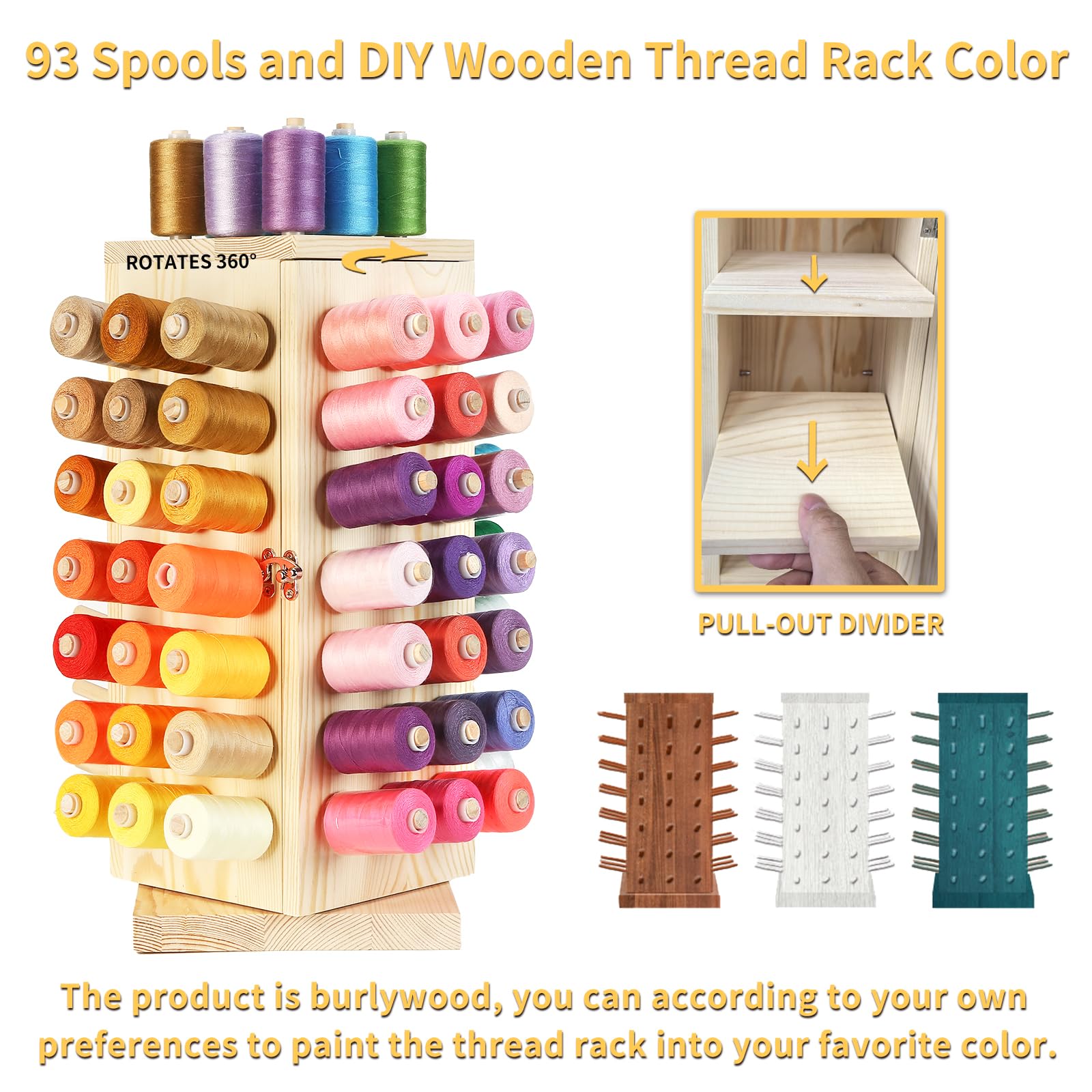 Bazen 360° Fully Rotating Thread Holder With Pull-out Divider Wooden Thread Rack Spool Holder Stand Thread Storage Organizer for Sewing, Quilting, Embroidery, Hair-braiding and Jewelry 93 Spools
