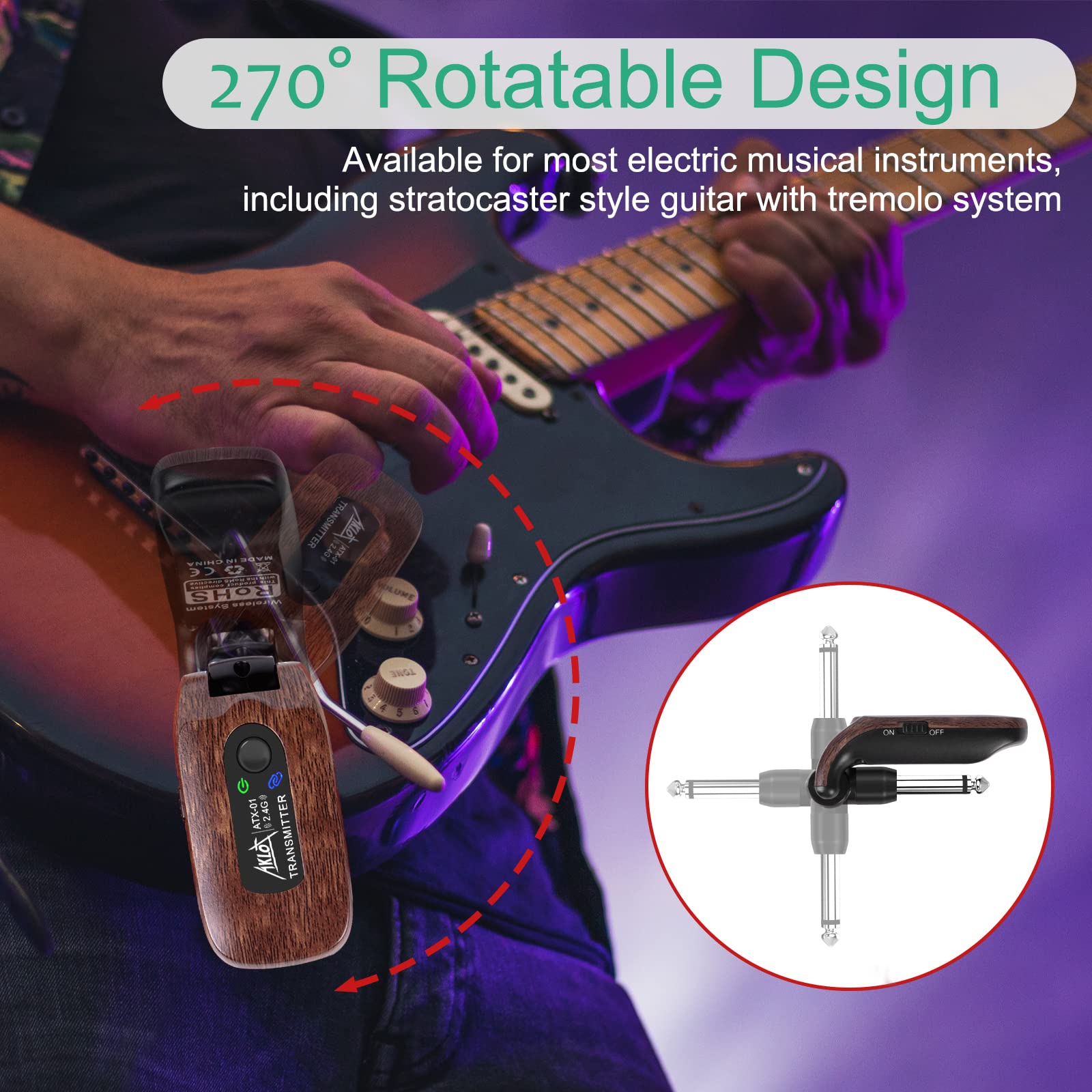 AKLOT Wireless Guitar System Transmitter Receiver Set 2.4GHz Built-in Rechargeable Lithium Battery Digital for Electric Guitar Bass