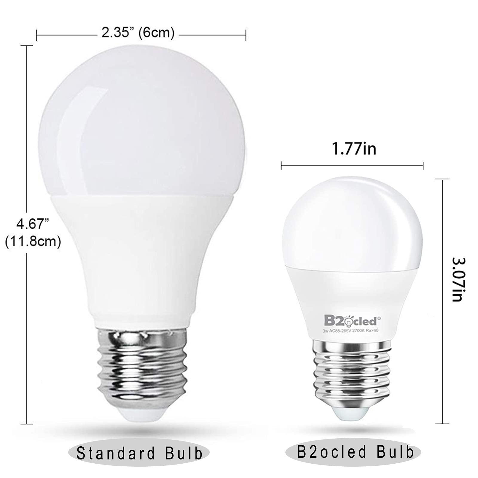 B2ocled LED Light Bulb 3W(25 Watt Equivalent) A15 Lamp 2700K Warm White CRI90+ Non-Dimmable E26/E27 Base for Home Lighting Decorative 240-Lumen 2-Pack