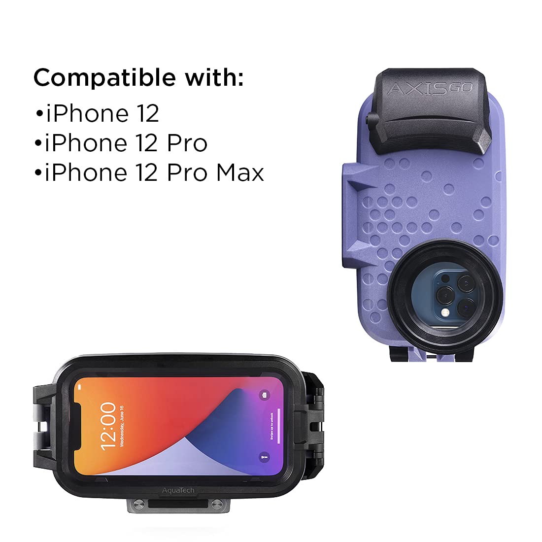 AquaTech AxisGO iPhone 12 Waterproof Phone Housing for Underwater Action Photography Snorkeling Surfing Travel Case - Astral Purple Bundle