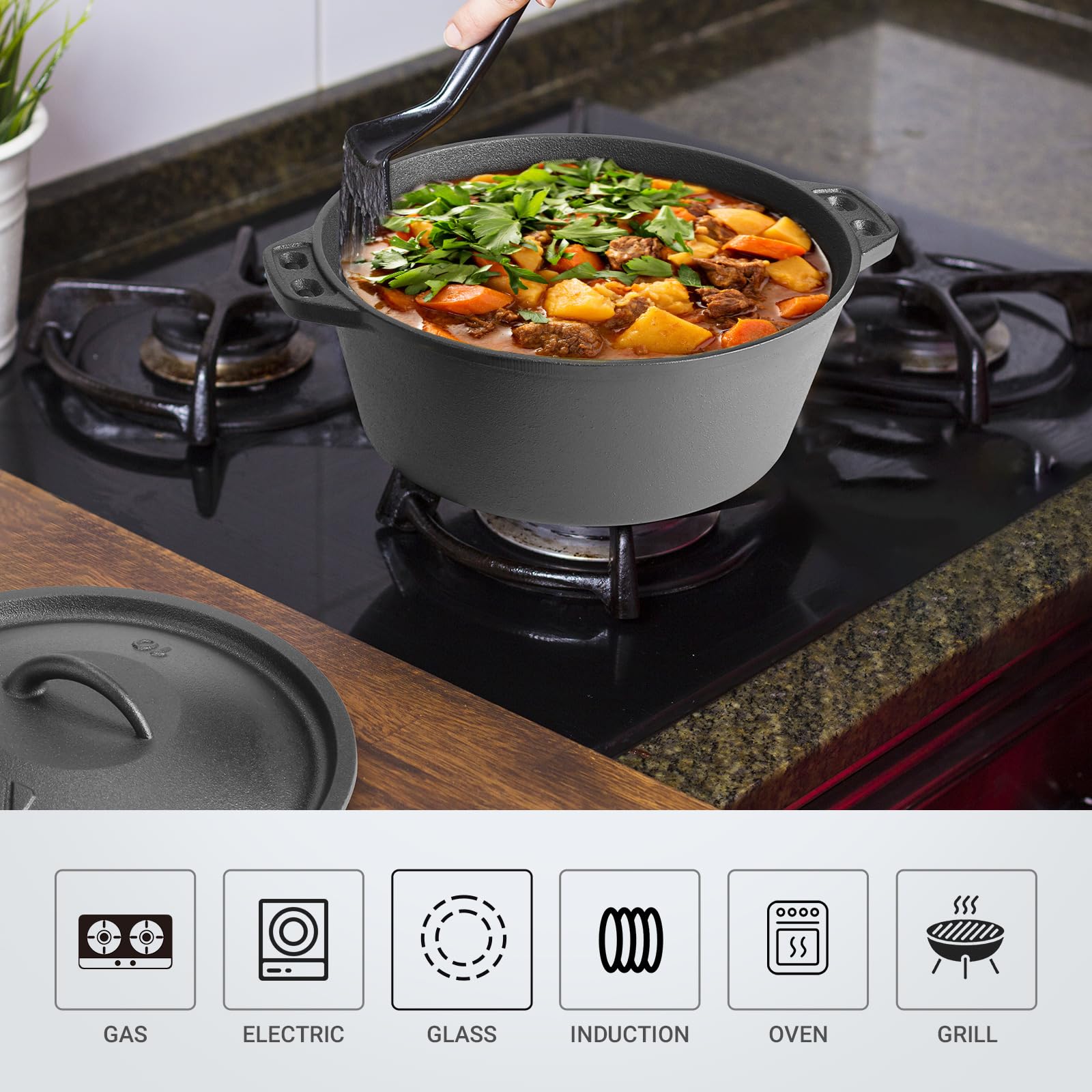 Pre-Seasoned Cast Iron Dutch Oven Pot with Lid, for Braising, Broiling, Frying, Sourdough Bread Baking, Camping Cookware, BBQ,3 Quart Pan