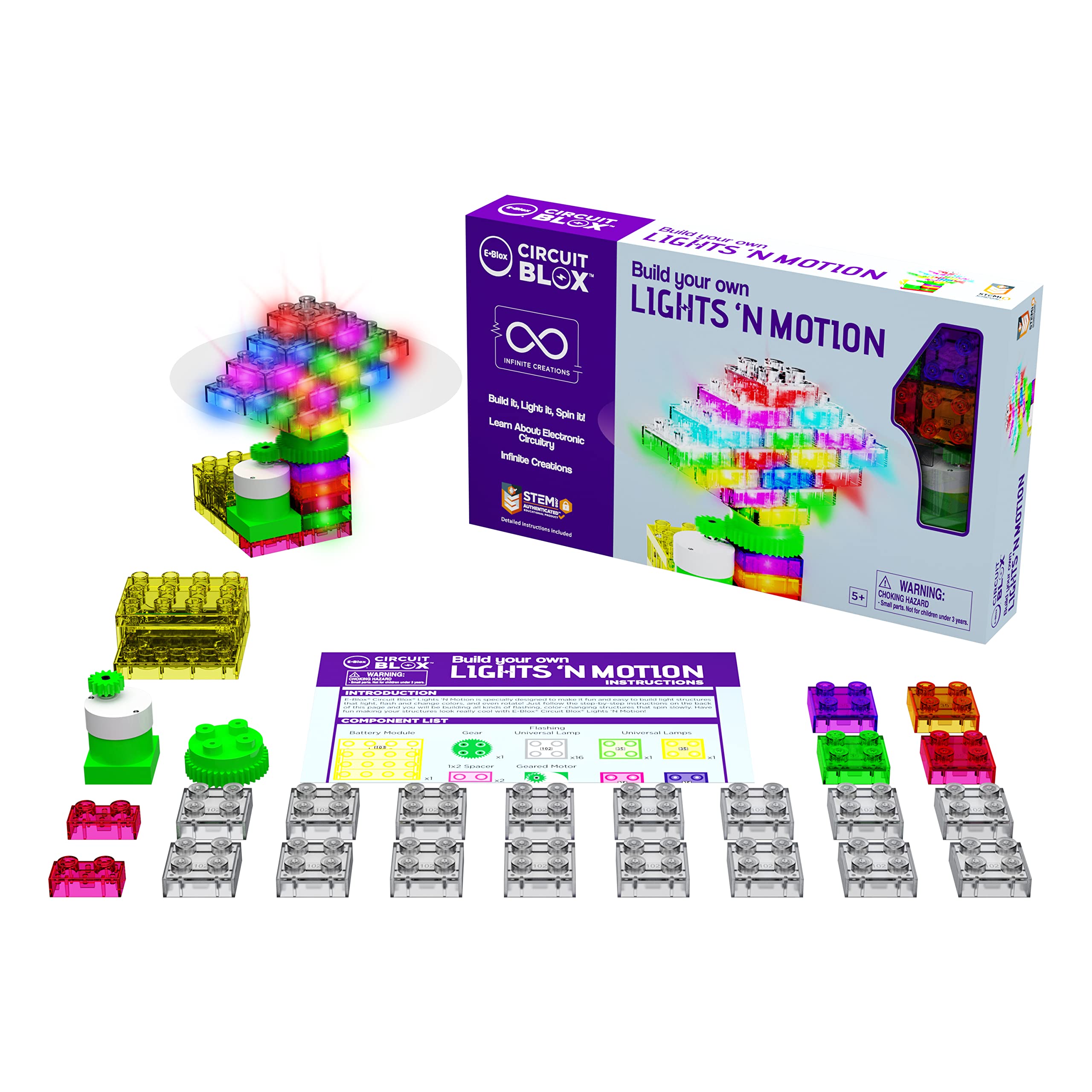 E-Blox Building Blocks STEM Circuit Kit, Build Your Own Lights ‘N Motion, Light & Rotating Capabilities, Infinite Science Creations, Birthday Gift, Boys, Girls, 5+