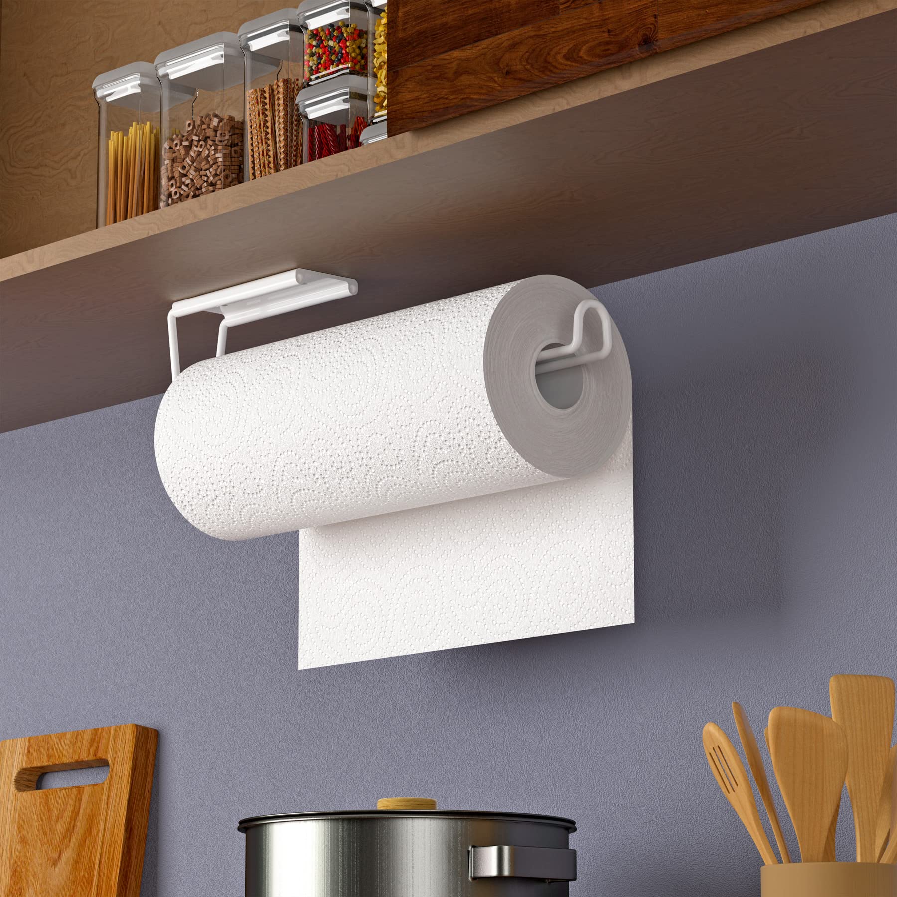 Antimbee Under Cabinet or Wall Mount Paper Towel Holder, 2 Mounting Types Adhesive/Screws, Stainless Steel Paper Towels Rolls Rack with Matte White Finish