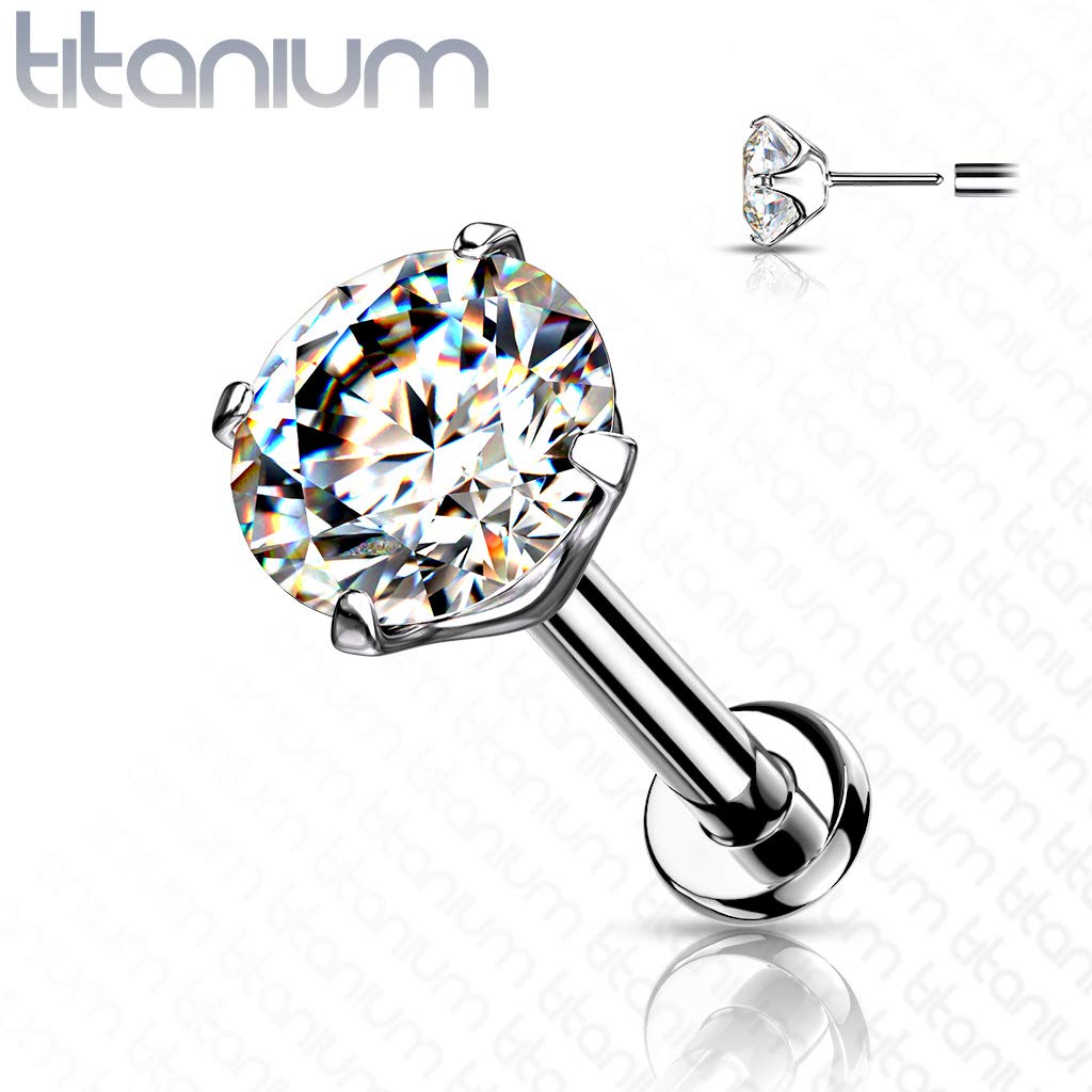 Amelia Fashion Implant Grade Titanium Threadless Push in Labret, Flat Back Studs with CZ Prong Set Top for Cartilage, Monroe, Nose and More (Choose Size) (16GA (1.2mm) L.5/16" (8mm) BALL: 3mm)