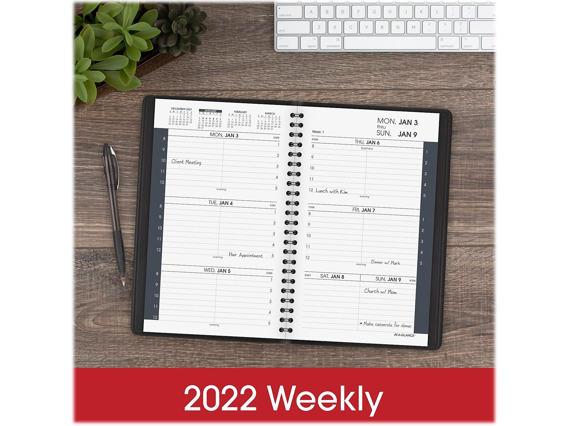 AT-A-GLANCE 2022 Weekly Planner, Hourly Appointment Book, 5" x 8", Small, 12 Months, Telephone/Address Pages, Black (7010005)