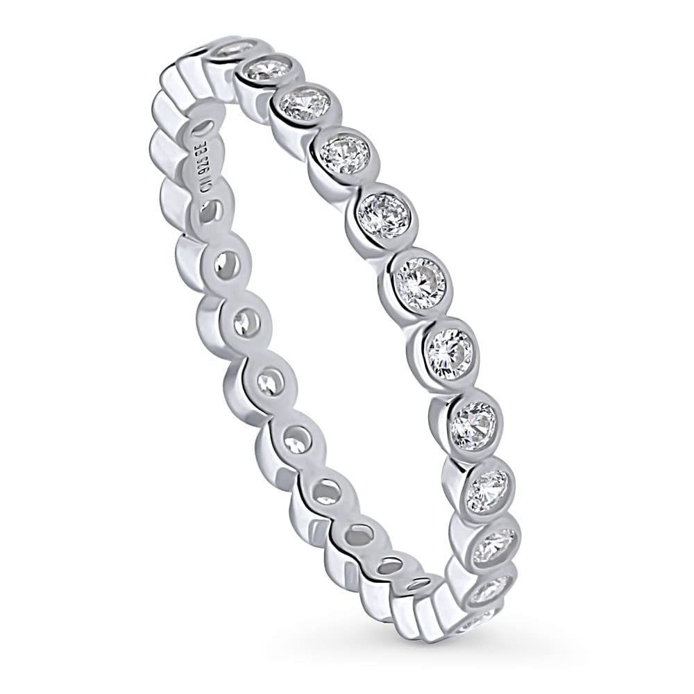 BERRICLE Sterling Silver Bubble Wedding Rings Bezel Set Cubic Zirconia CZ Eternity Ring for Women, Rhodium Plated Size 7