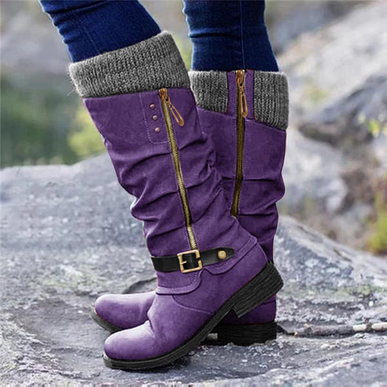 AODONG Cowboy Boots for Women Square Toe Women Knee High Platform Boots Retro Ankle Boots Winter Short Boots Purple