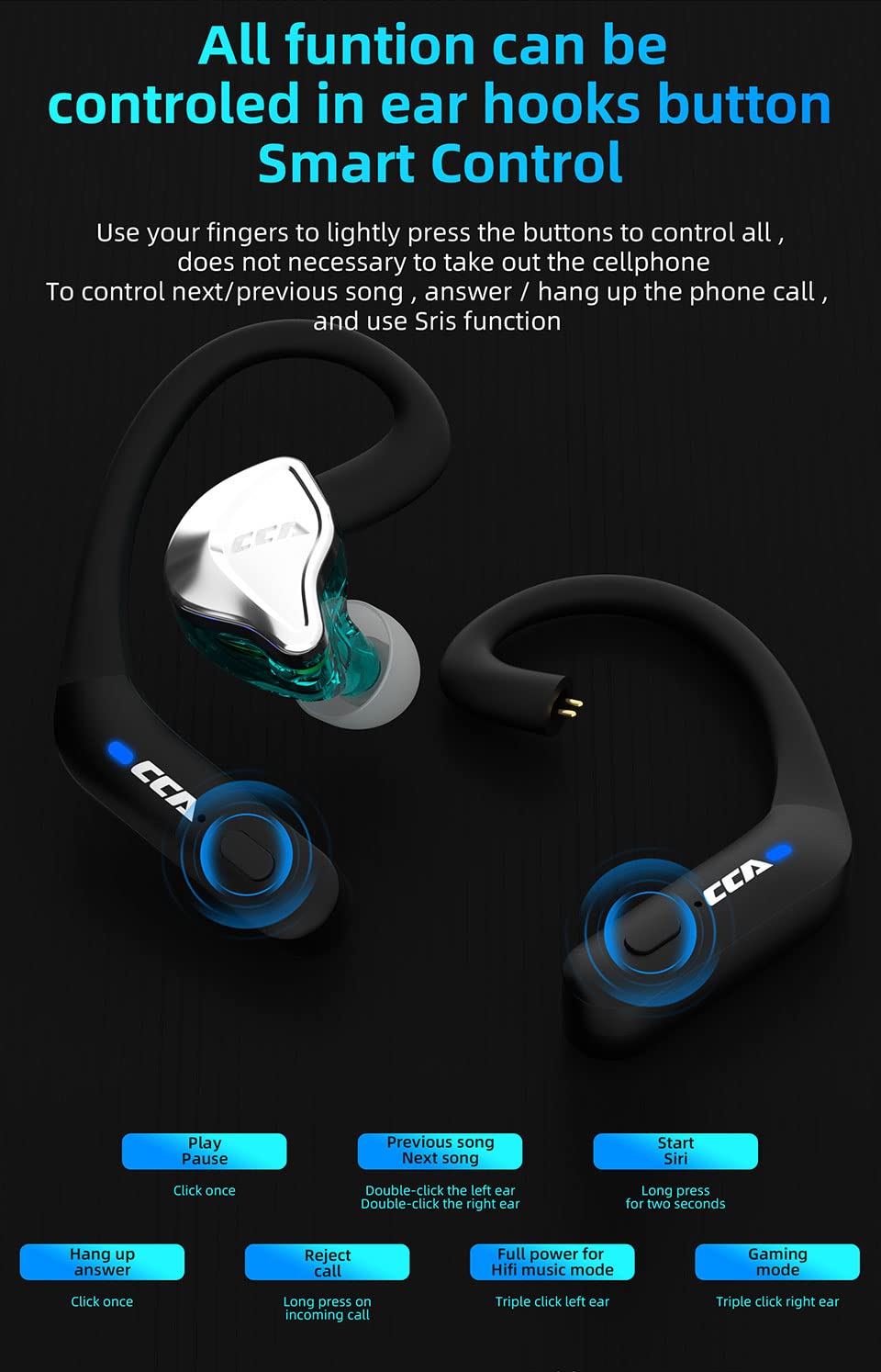 CCA BTX Bluetooth 5.2 Module IEM Bluetooth Adapter with Mic Waterproof Ear Hook Extra Long Battery Life Bluetooth Cable for KZ ZS10 PRO/ZSN Pro X/ZSN PRO/ZSN/AS16/ZAX/DQ6 CA16 /C12/CRA(C pin)