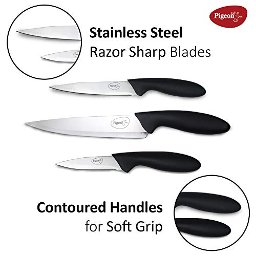 Pigeon 3-Piece Knife Set with Contoured Handle, Utility, Paring & Chef's Knife Set for Kitchen, Razor-Sharp Stainless Steel Blades, Lightweight, Dishwasher Safe, Ideal For Meat, Veggies, Herbs & Nuts