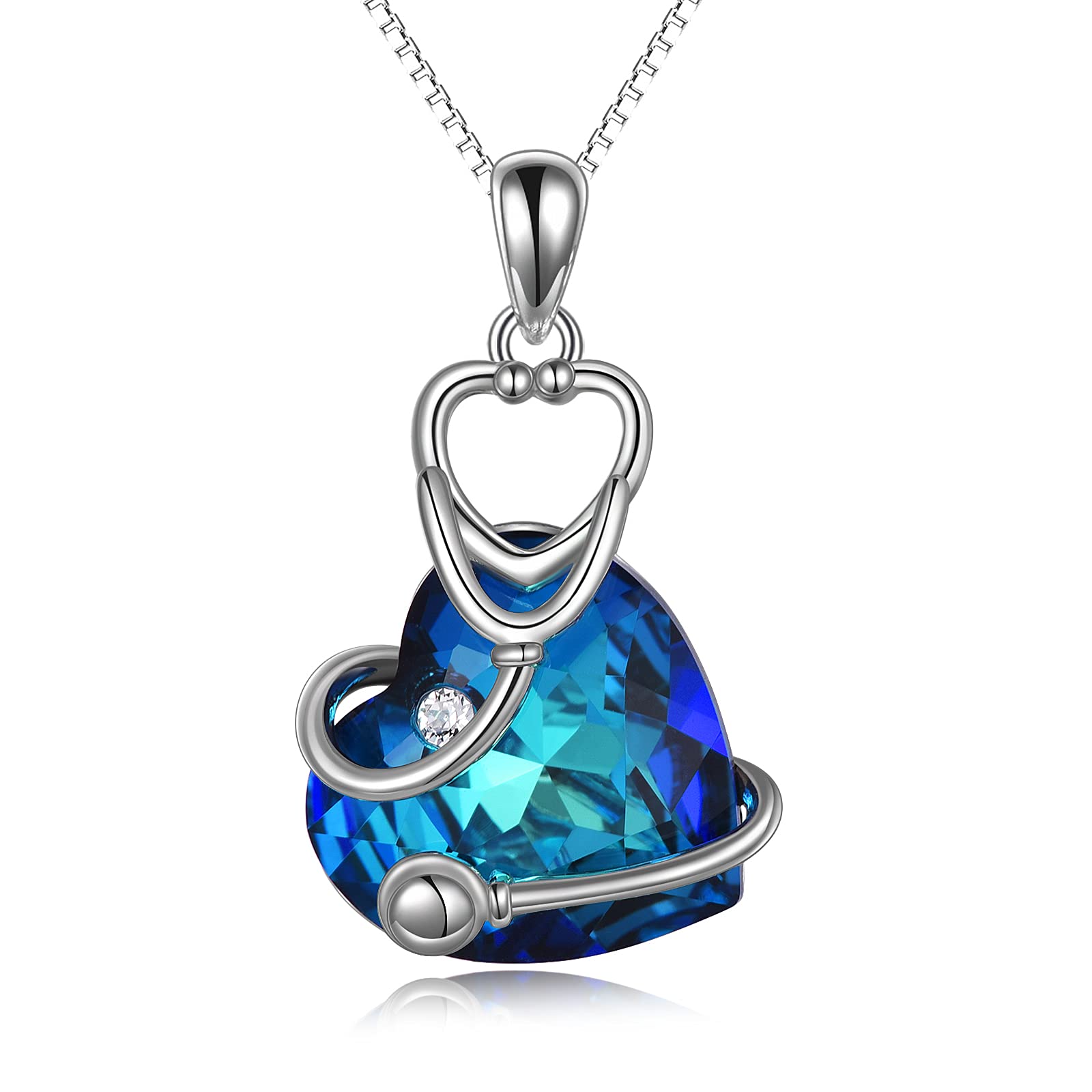 AOBOCO Nurse Jewelry Gifts for Women Sterling Silver Stethoscope Necklace with Blue Heart Crystal