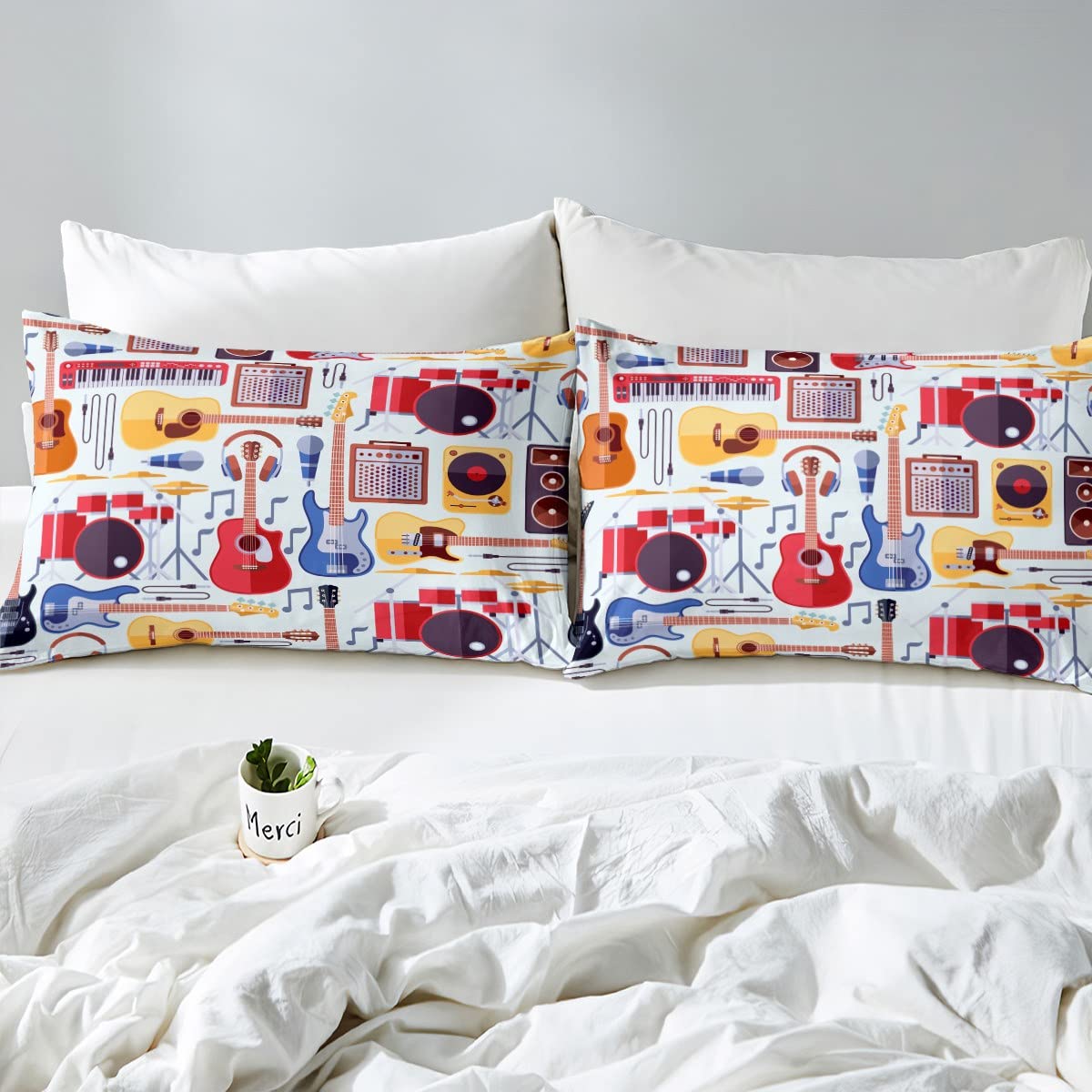Manfei Musical Kids Fitted Sheet Twin Size, MusicalGuitar Radio Drum Kit Headset Print Bedding Set 2pcs for Boys Girls, Rock Music Bed Cover with 1 Pillowcase, Soft Polyester Bedding, No Top Sheet