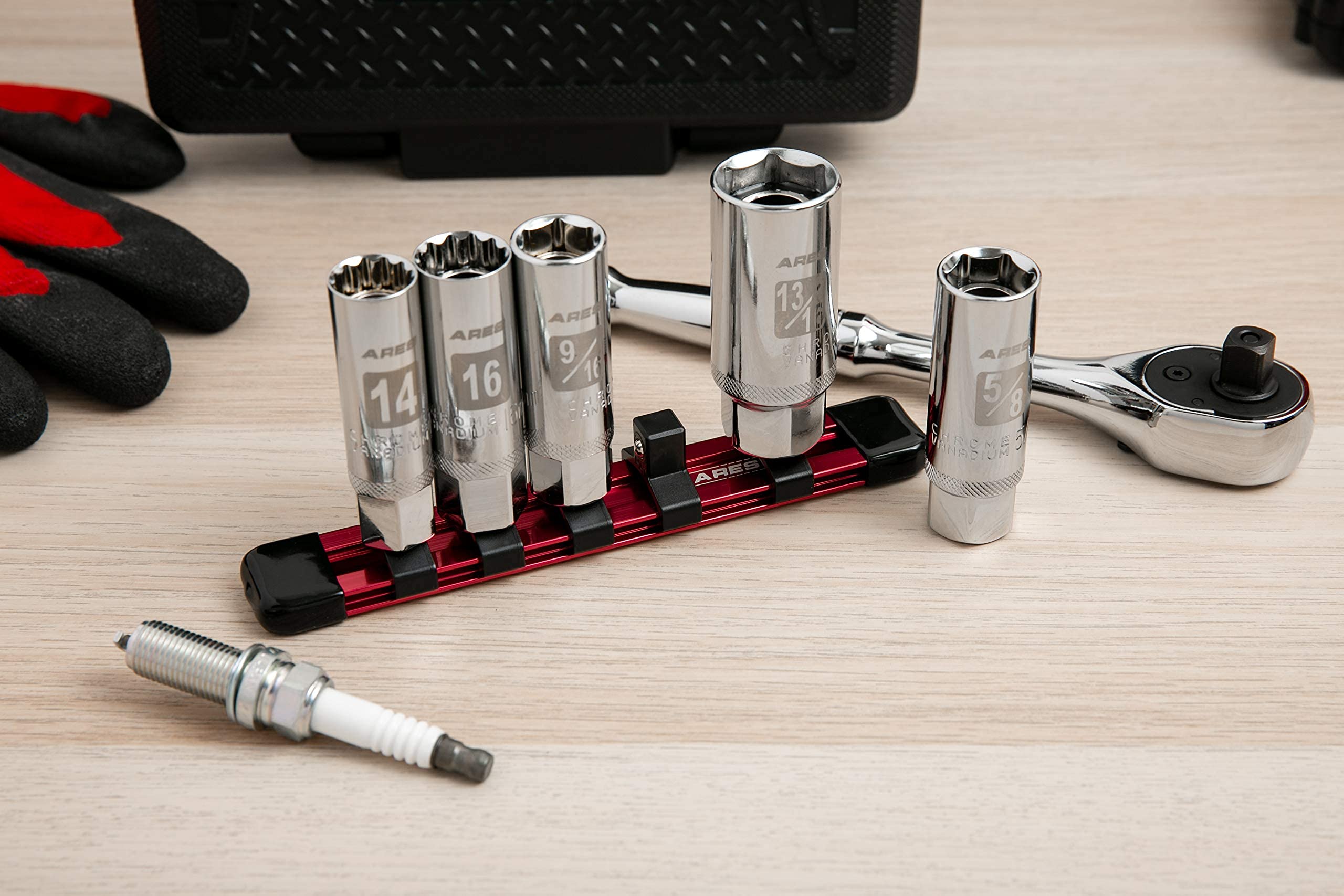 ARES 11016-5-Piece Magnetic Spark Plug Socket Set - Includes 14mm and 16mm Thin Wall Sockets and 9/16-inch, 5/8-inch, and 13/16-inch Sockets - Convenient Reusable Storage Rail Included