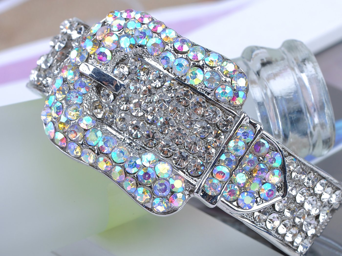 Alilang Silvery Tone Iridescent Clear Crystal Colored Rhinestones Belt Buckle Cuff Bracelet