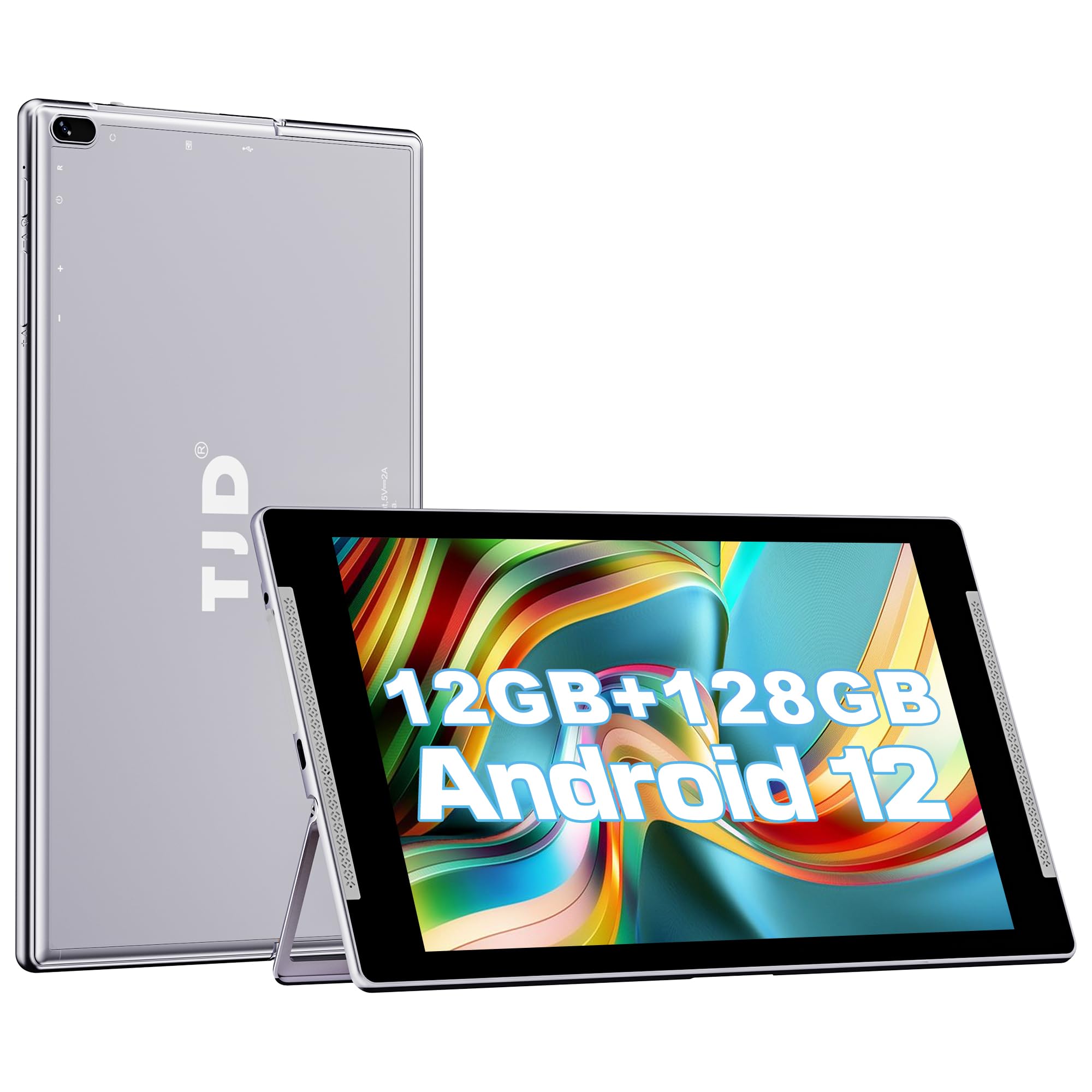 Android 12 Tablet 10.1 Inch Tablets with Stand, 12GB RAM 128GB ROM 512GB Expandable, 6000mAh Fast Charge, 8MP Dual Camera, 2.4G/5G WiFi6, IPS HD Touch Screen (Silver)
