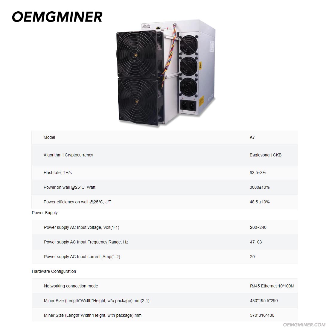 Bitmain Antminer K7 63.5Th/s Eaglesong CKB Miner Nervos Network 3080W Power Built-in PSU