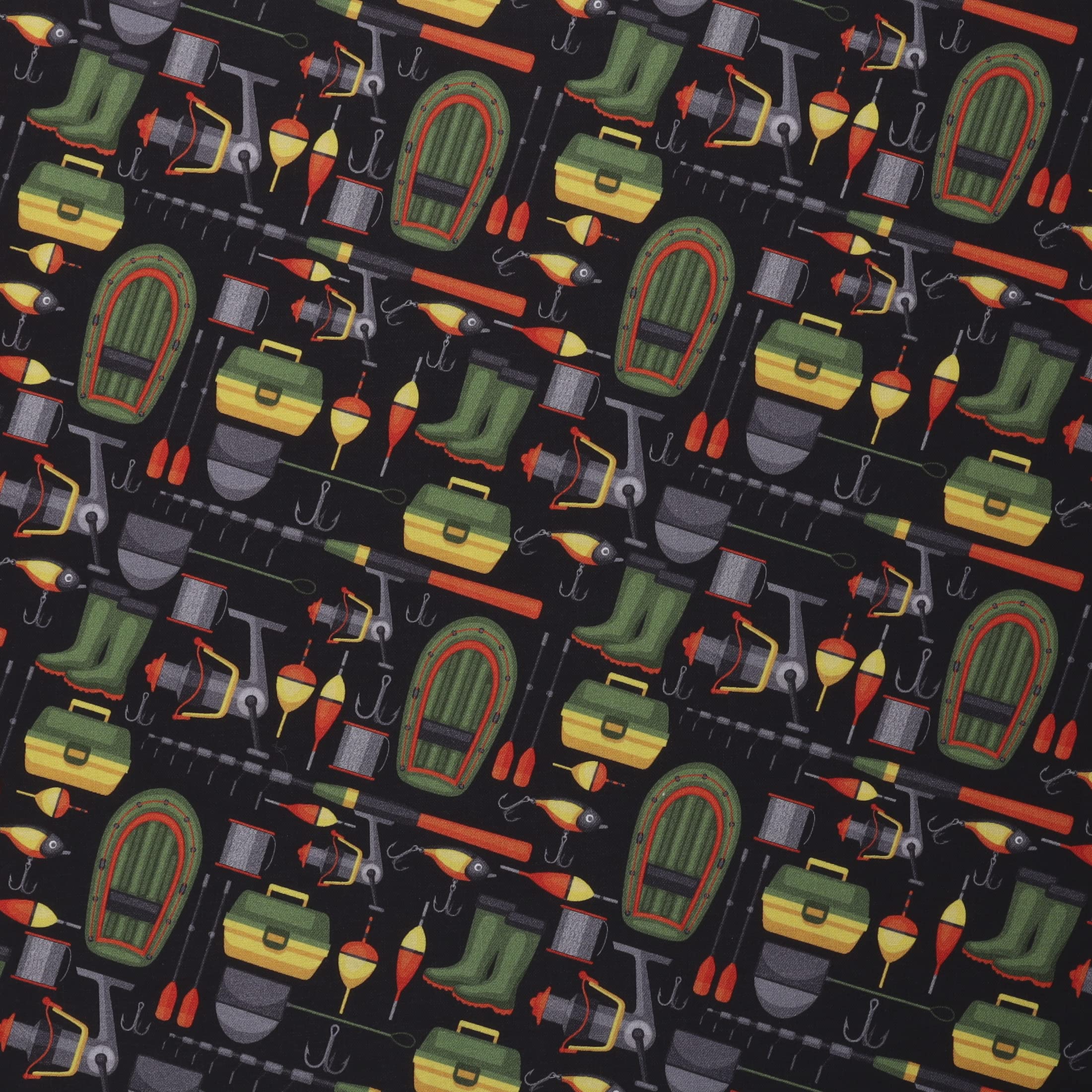 Mook Fabrics Cotton Fishing Tackle, Welly Green Cut by The yard