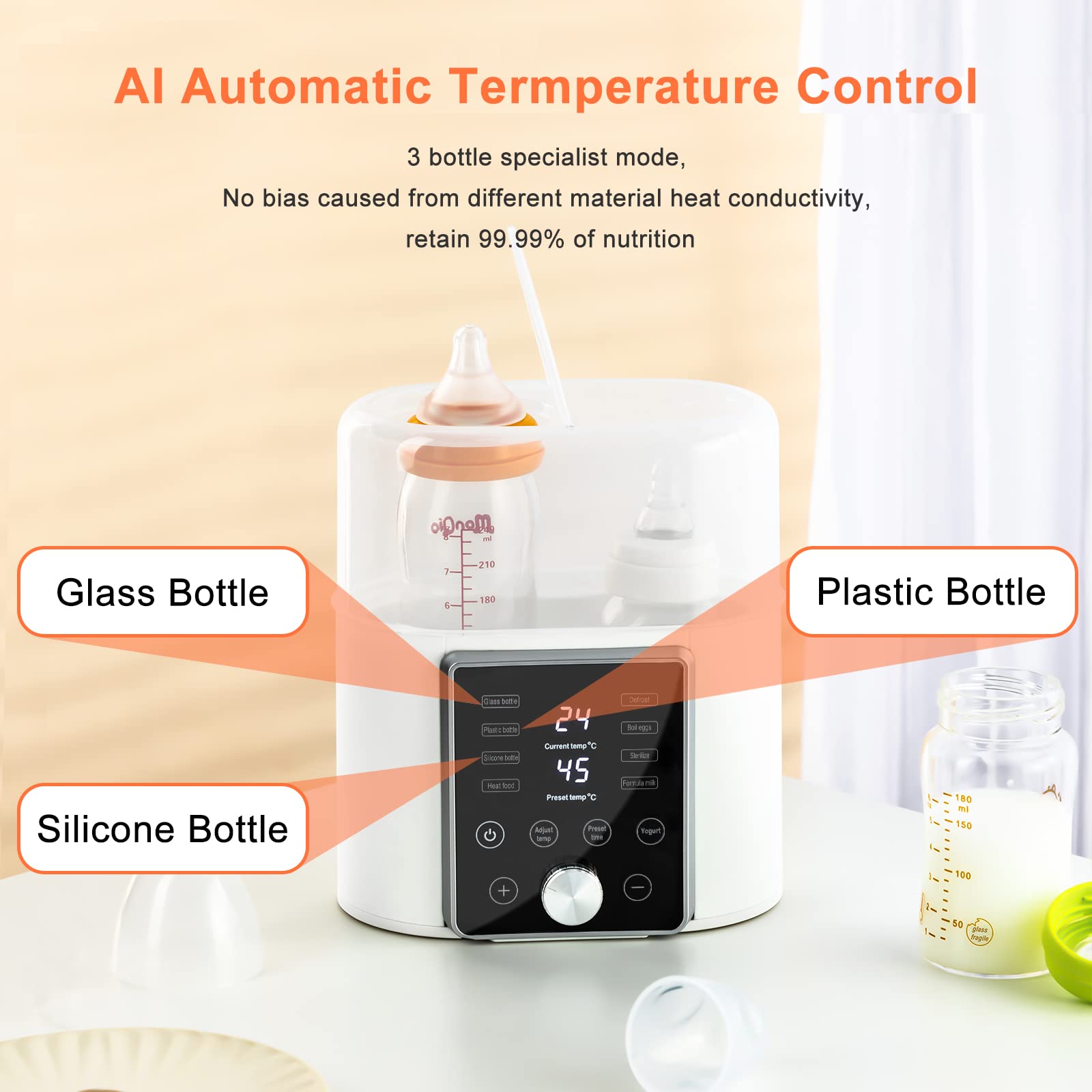 Baby Bottle Warmer, 8 in 1 Multi-Function Bottle Warmer, AI Temperature Control Rotate Button Bottle Warmer for Breastmilk, Low Noise Presettable Bottle Warmers, 24 Hours Keep Warming (2 Bottle)