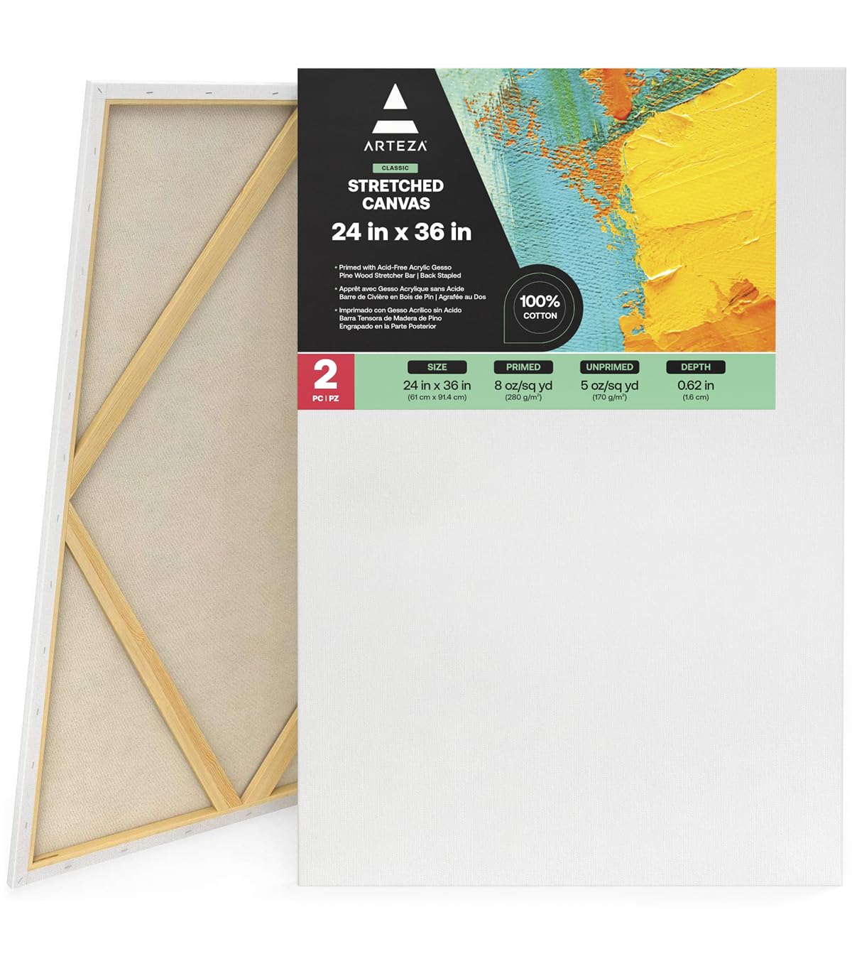 ARTEZA Stretched Canvas, 24 x 36 Inches, Pack of 2, Blank White Large Canvas for Acrylic, Oil and Gouache Painting