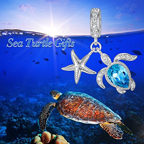 AOBOCO Sea Turtle Charm for Bracelet Sterling Silver Ocean Turtle and Starfish Dangle Charm Bead with Aquamarine Blue Crystal