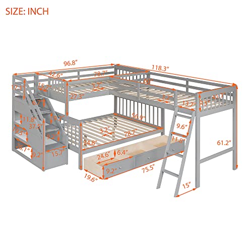 BOVZA Twin Over Full L-Shaped Bunk Bed Corner Loft Bunk Beds with Storage Drawers, Angled Ladder and Stairs, Wood Triple Bunk Bed for 3 Kids Teens Adults, Gray