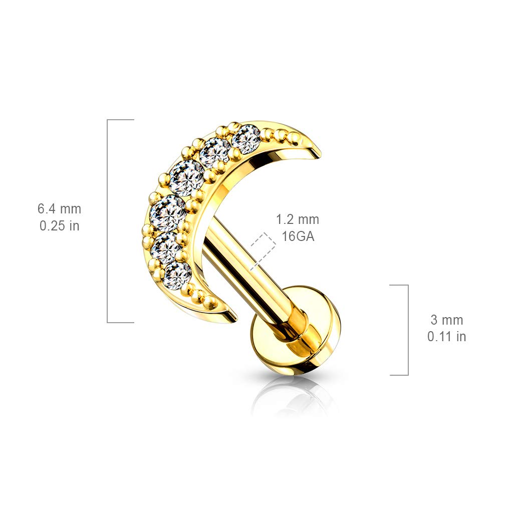 Amelia Fashion 16 Gauge CZ Paved Crescent Moon Top on Internally Threaded 316L Surgical Steel Flat Back Studs for Labret, Monroe, Cartilage and More (Clear - 16GA (1.2mm) - L. 5/16" (8mm))