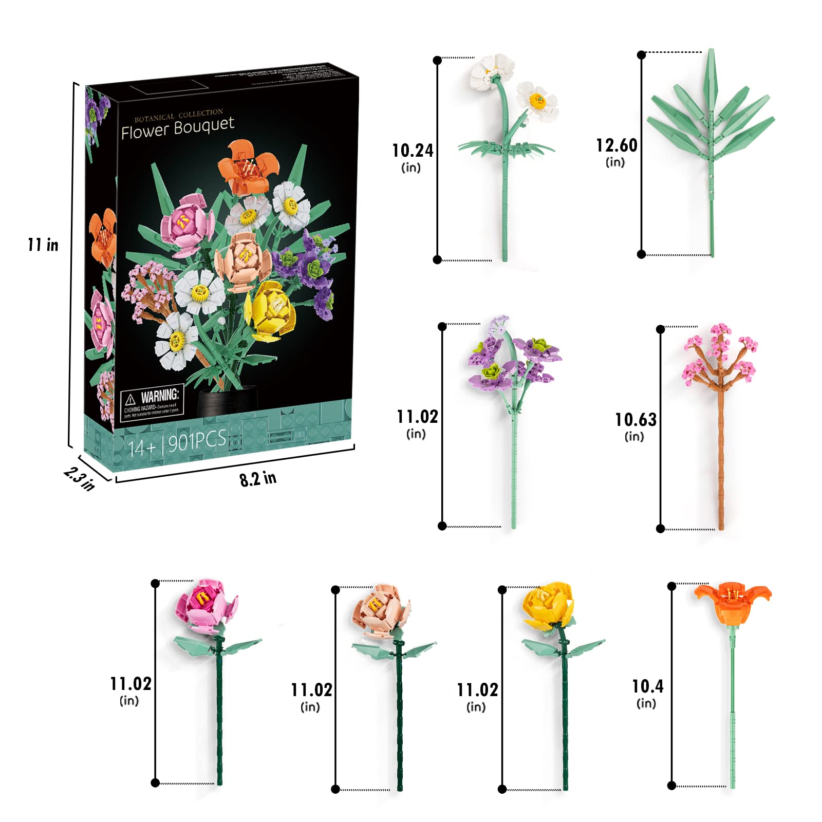 Allupal 10 Ideas Flowers Bouquet Building Set, Plant Display Decor Set for The Home or Office, Creative Gift for Adults and Age 14+ (901 Pieces)