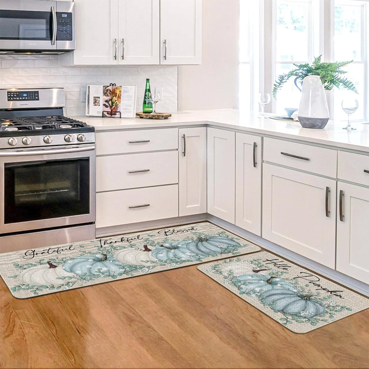 Artoid Mode Orange Maple Leaves Happy Fall Y'all Kitchen Mats Set of 2, Thanksgiving Home Decor Low-Profile Kitchen Rugs for Floor - 17x29 and 17x47 Inch