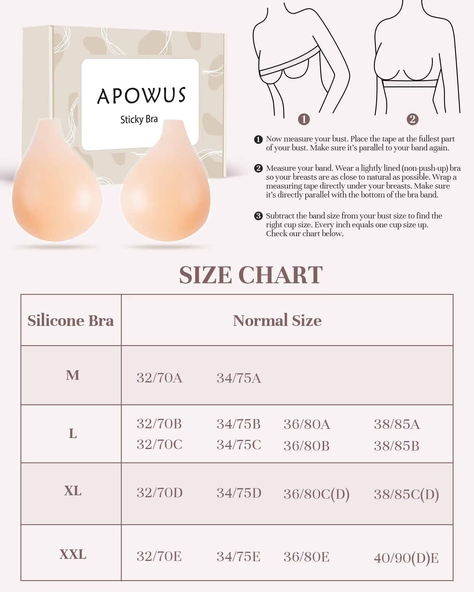APOWUS Sticky Bras for Women Push Up Adhesive Invisible Bra Backless Strapless Bra for Big Busted Reusable with Nipple Covers - XL,Coffee 1