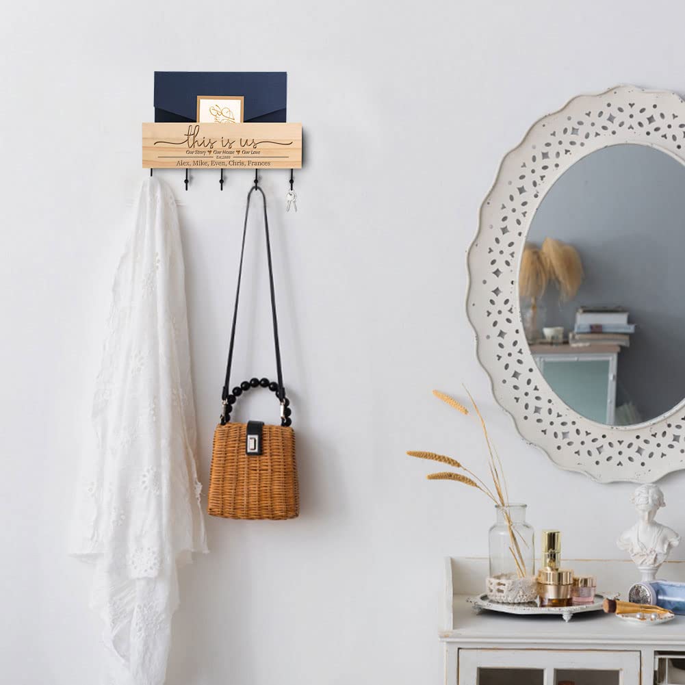 Personalized Wall Mounted Key Holder for The Home, Custom Wooden Key Rack for Wall with Iron Storage Basket, Engraved Your Family Last Name Key Hanger Gift for Wedding Housewarming