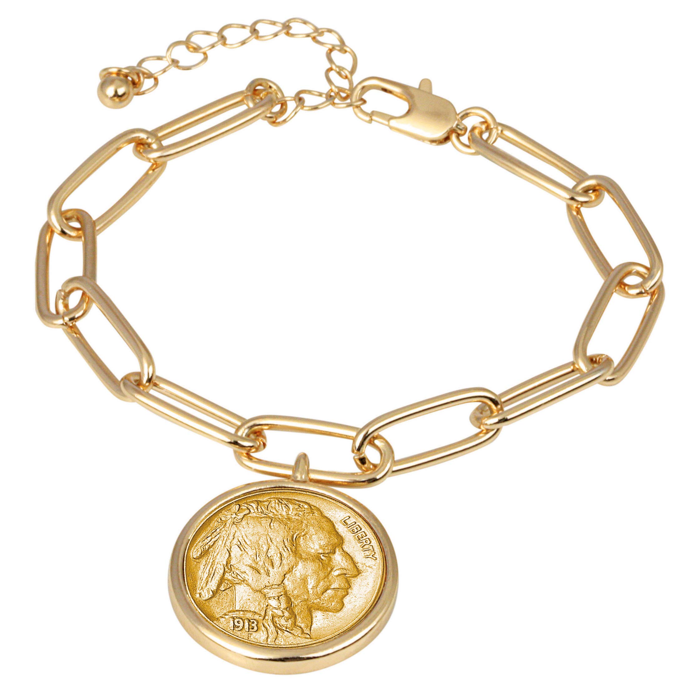 American Coin Treasures Buffalo Nickel Gold-Layered Coin Elongated Link Bracelet | Goldtone Clip Style | 7 Inch 3 Inch Extender with Lobster Claw Clasp | Certificate of Authenticity