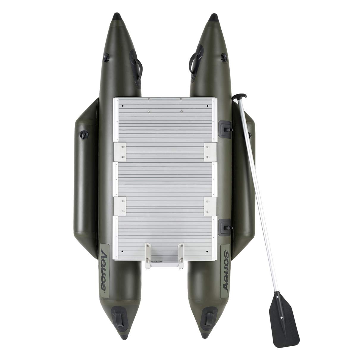 AQUOS Backpack Series 7.5ft Inflatable Pontoon Boat with Guard Bar, Folding Seat and Haswing Bow Mount 20 LBS Electric Trolling Motor for One Person Lure Fishing
