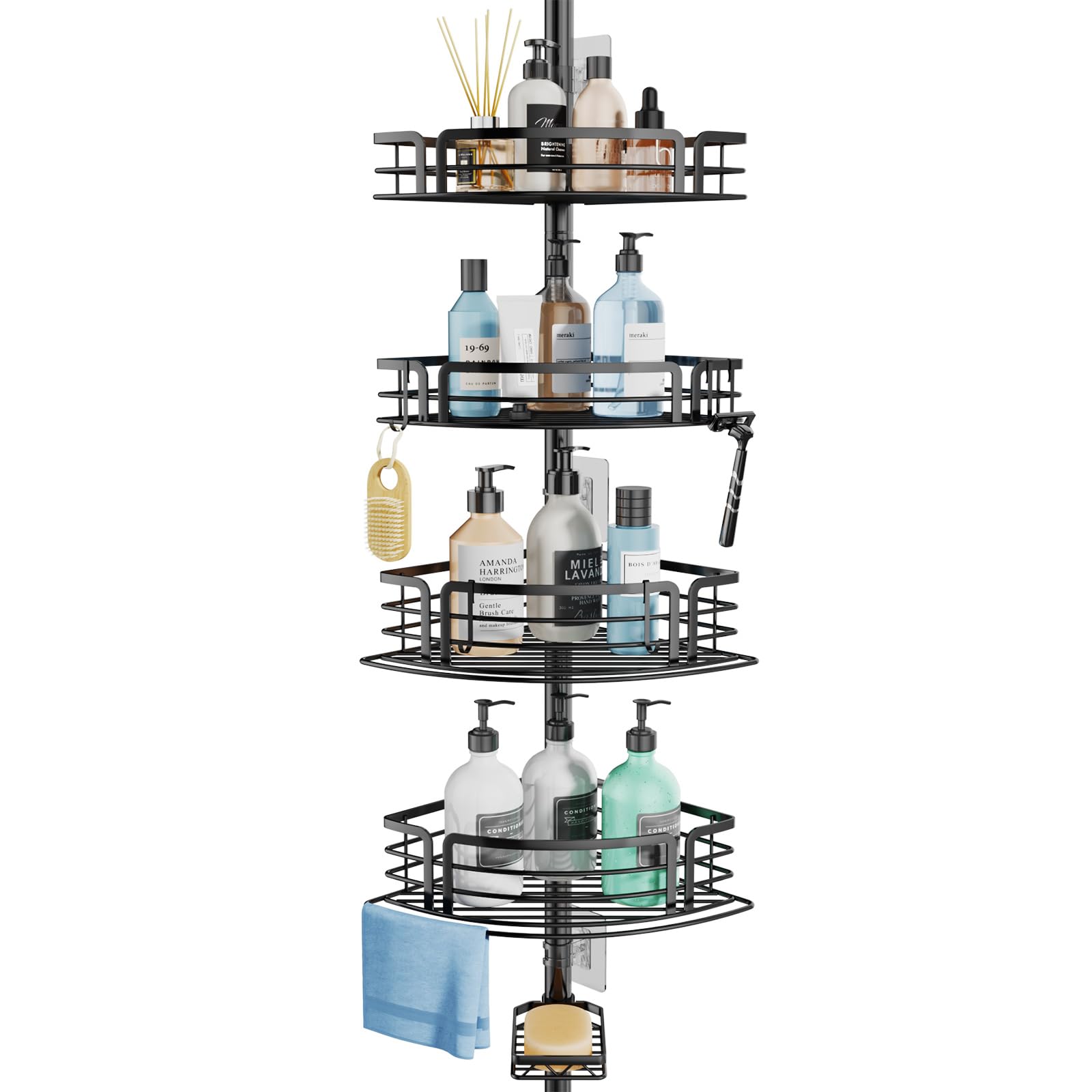 Consumest Corner Shower Caddy Organizer - Rustproof Shower Organizer Corner Tension Pole with Towel Bar & Soap Holder, Adjustable Shower Corner Shelf for Bath & Shower Storage, 27.6-108.3 inch, Black