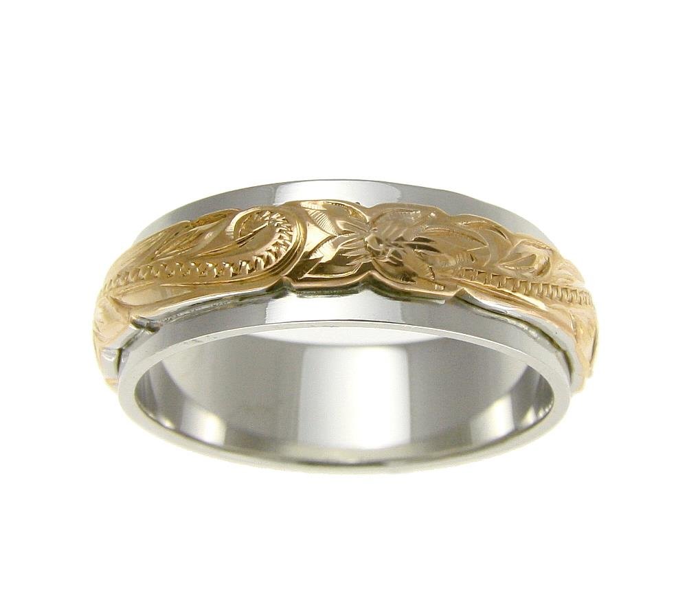 Arthur's Jewelry Sterling silver 925 2 tone yellow gold plated Hawaiian princess scroll 4/6mm double band ring size 8