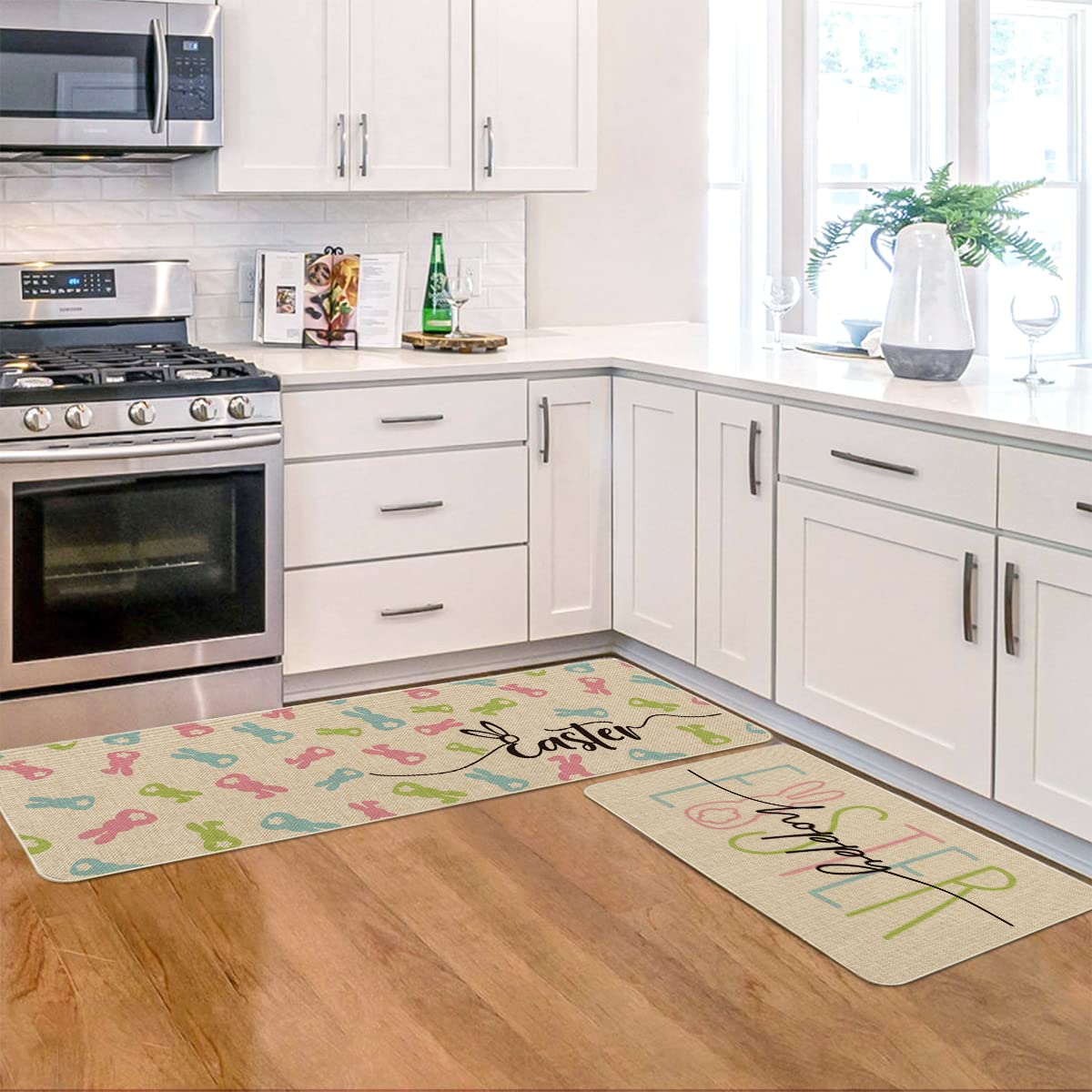 Artoid Mode Rabbit Bunny Hoppy Easter Kitchen Mats Set of 2, Spring Home Decor Low-Profile Kitchen Rugs for Floor - 17x29 and 17x47 Inch